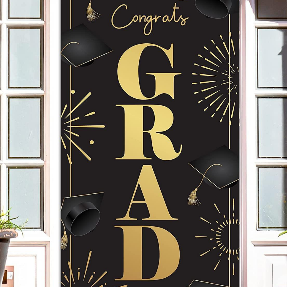 Black & Gold Big Congrats Grad Banner | Graduation Party Decorations ...